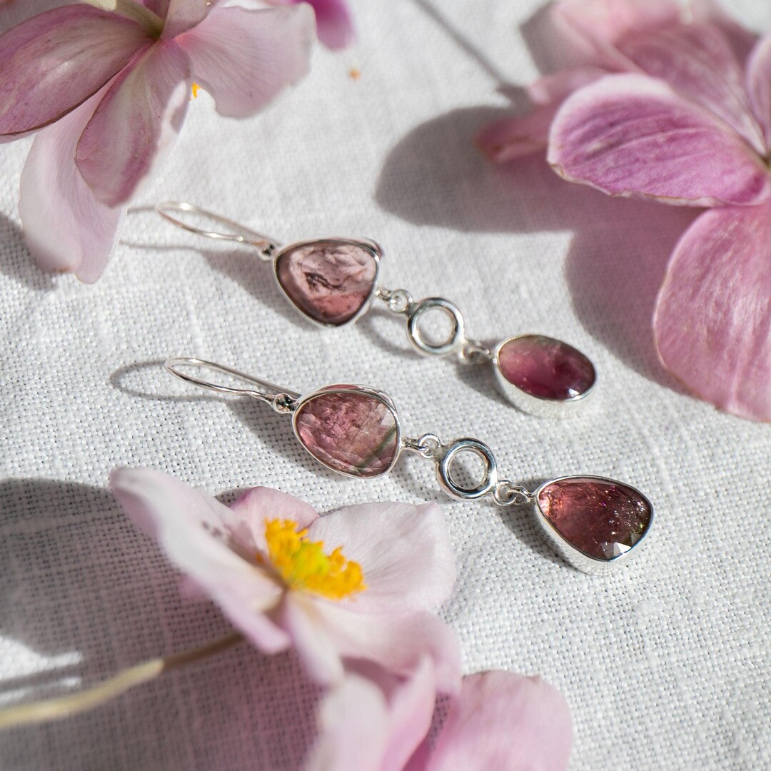 Rose Cut Double Drop Pink Tourmaline Earrings in Sterling Silver - Etsy ...