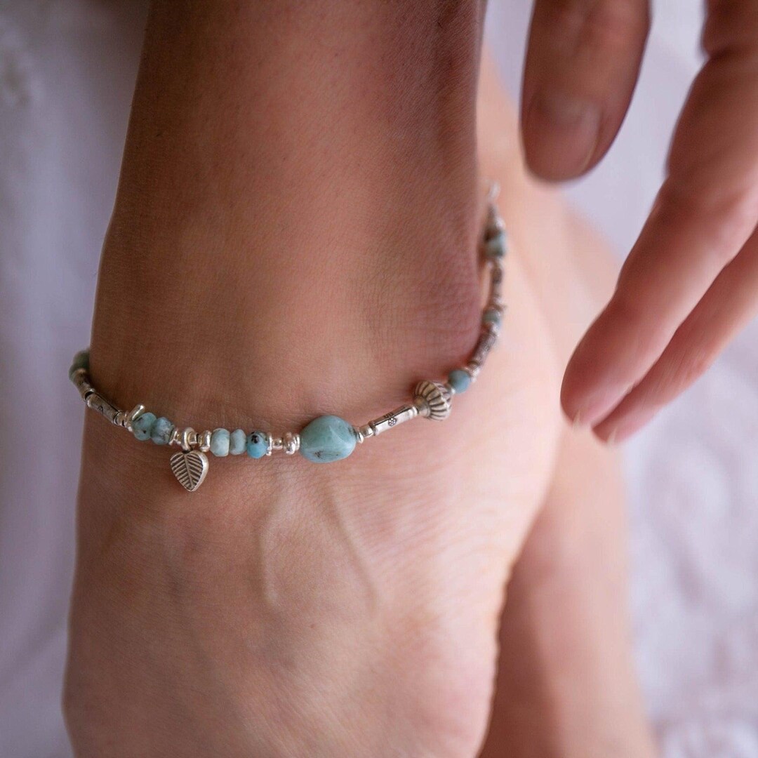 Beaded Larimar Anklet With Thai Hill Tribe Silver and Charms - Etsy
