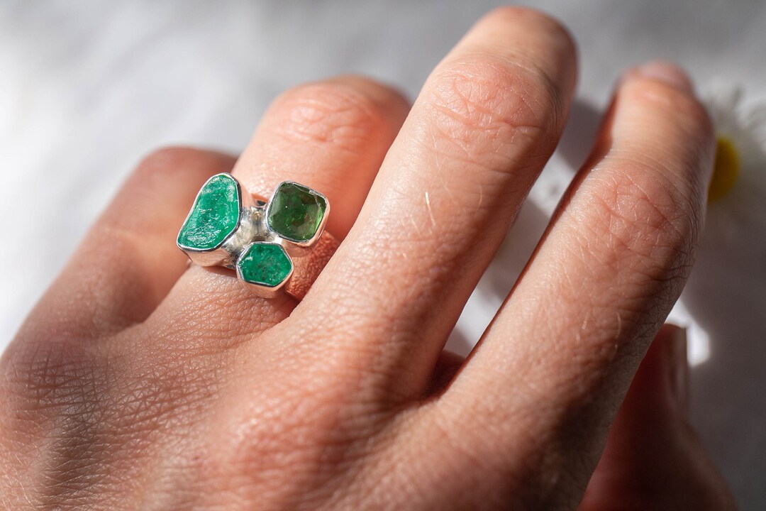 Raw Green Emerald and Faceted Green Tourmaline Multi Ring in - Etsy