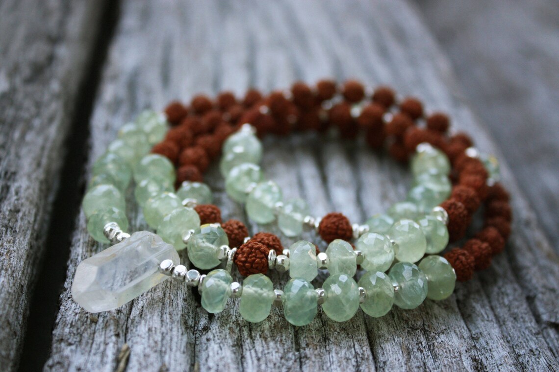 Prehnite Sacred Rudraksha Clear Quartz 108 Mala Necklace - Etsy