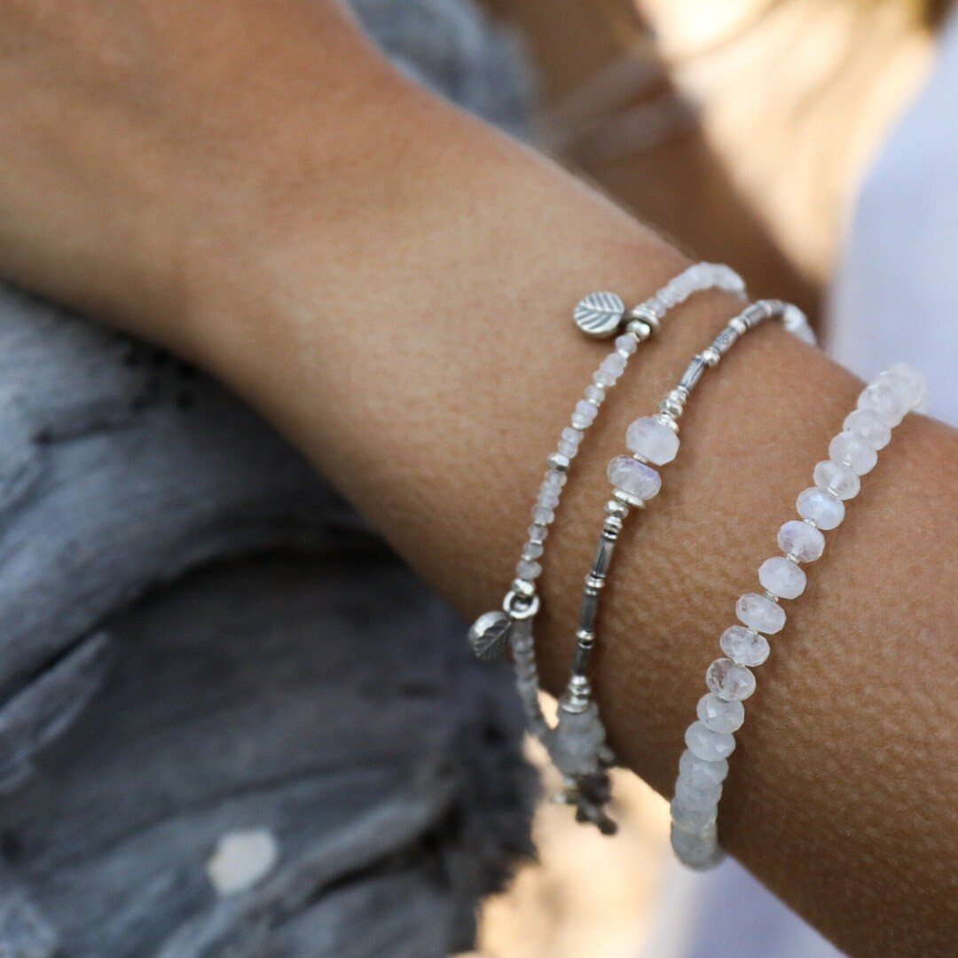 Double Rainbow Moonstone and Thai Hill Tribe Silver Beaded Bracelet ...