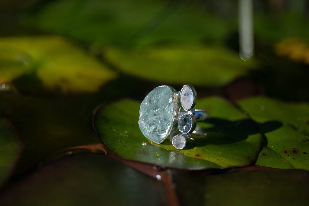 Gorgeous Raw Aquamarine, Rainbow Moonstone and Faceted Topaz Mixed Ring ...