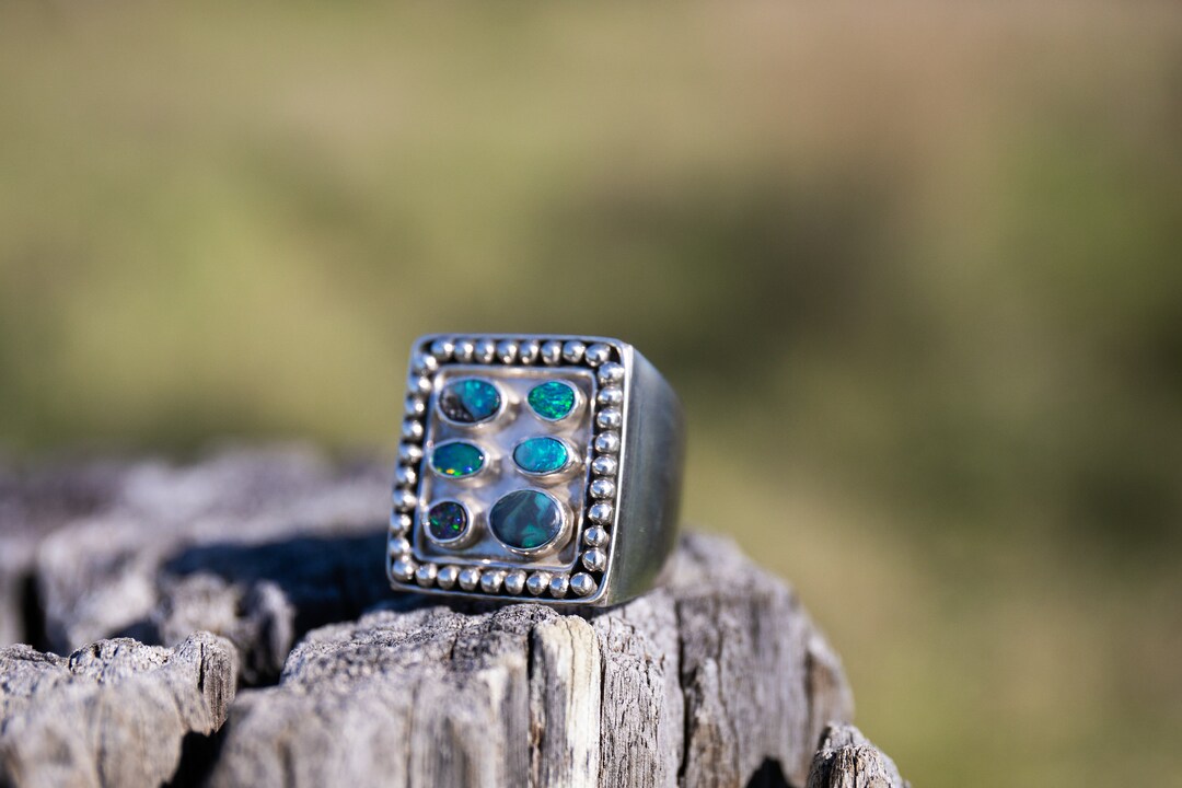 One of a Kind Australian Multi Blue Opal Ring Set in Unique Sterling ...