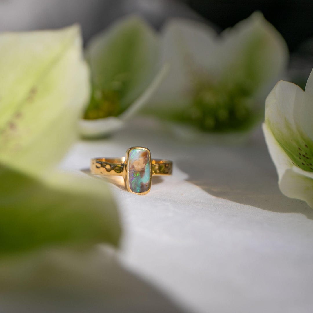 Australian Opal Ring Set in Beaten Gold Plated Sterling Silver Band ...