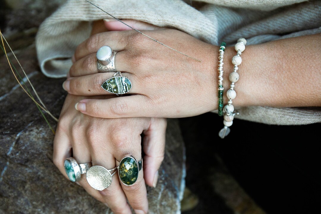 Lovely Green Teardrop Ocean Jasper Ring in Tribal Sterling Silver Size ...