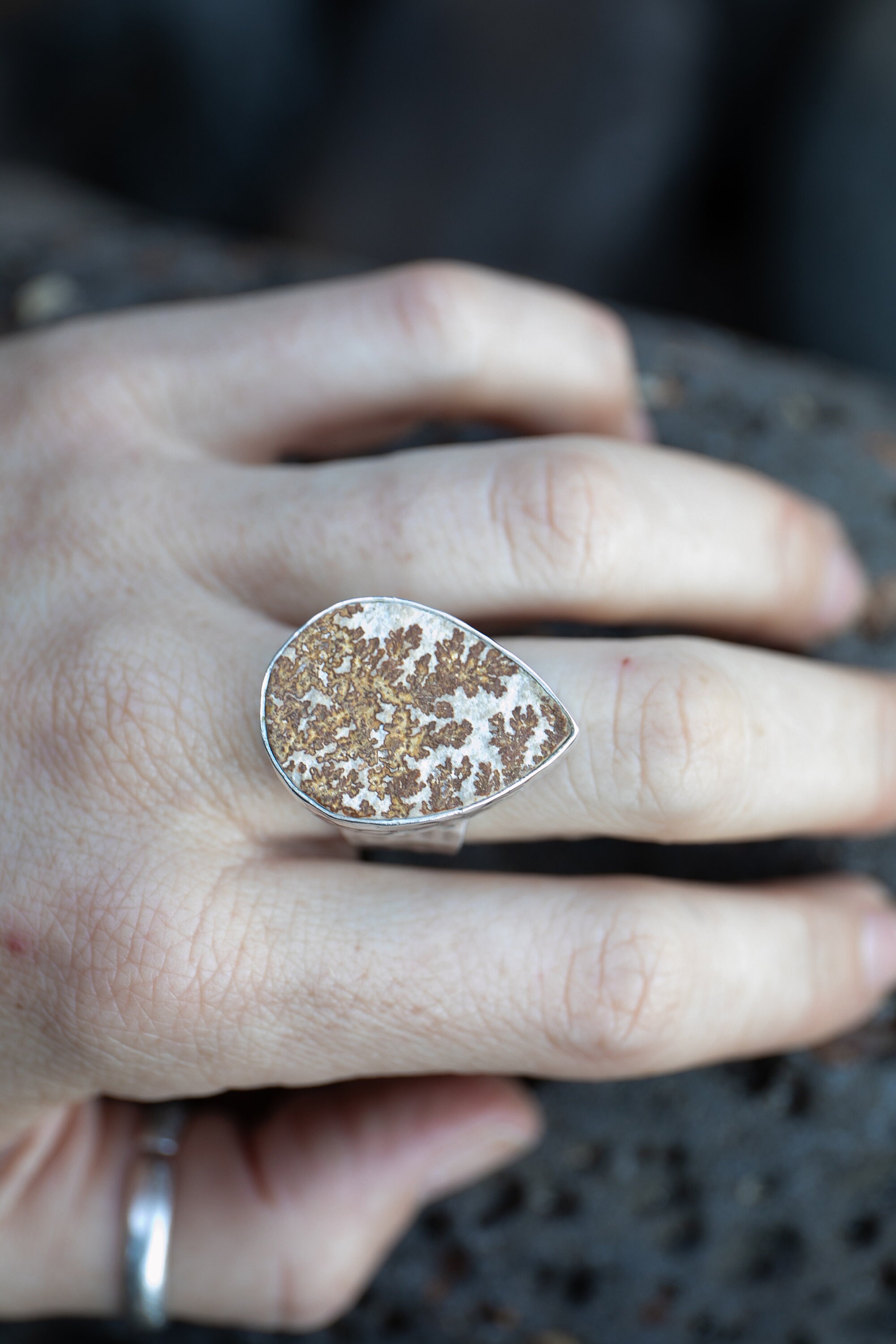 Large Teardrop Natural Psilomelane Dendrite leaf Jasper Ring - Etsy