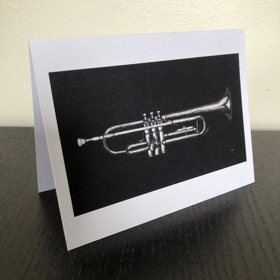 Trumpet scratchboard art print blank note card/stationary | Etsy