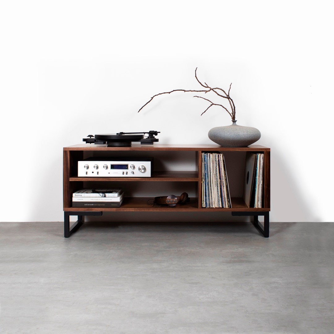 Walnut TV Stand or Record Player Stand, Vinyl Storage, Solid Black ...