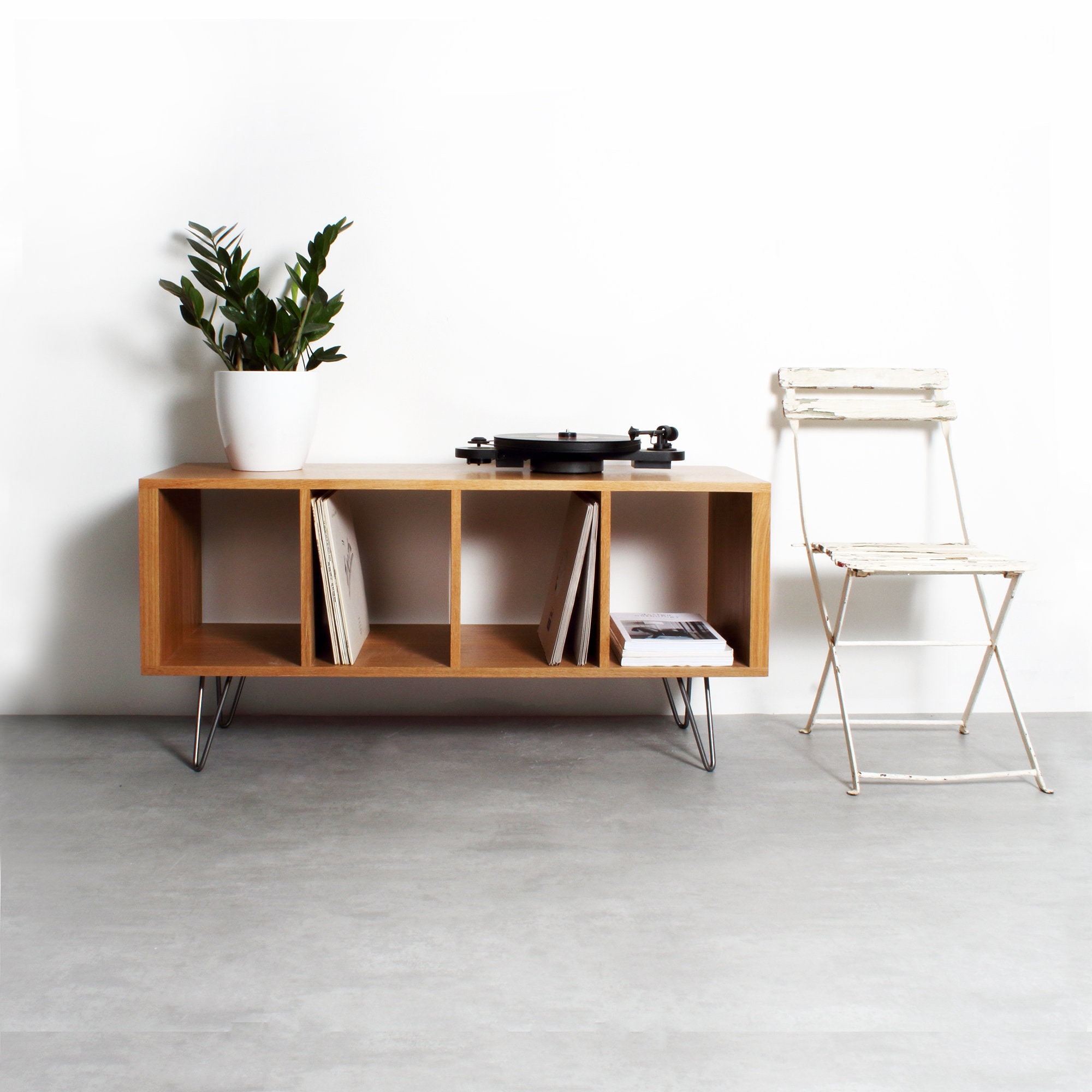 Oak Vinyl Storage Record Player Stand, Solid Premium Oak on Mid Century ...