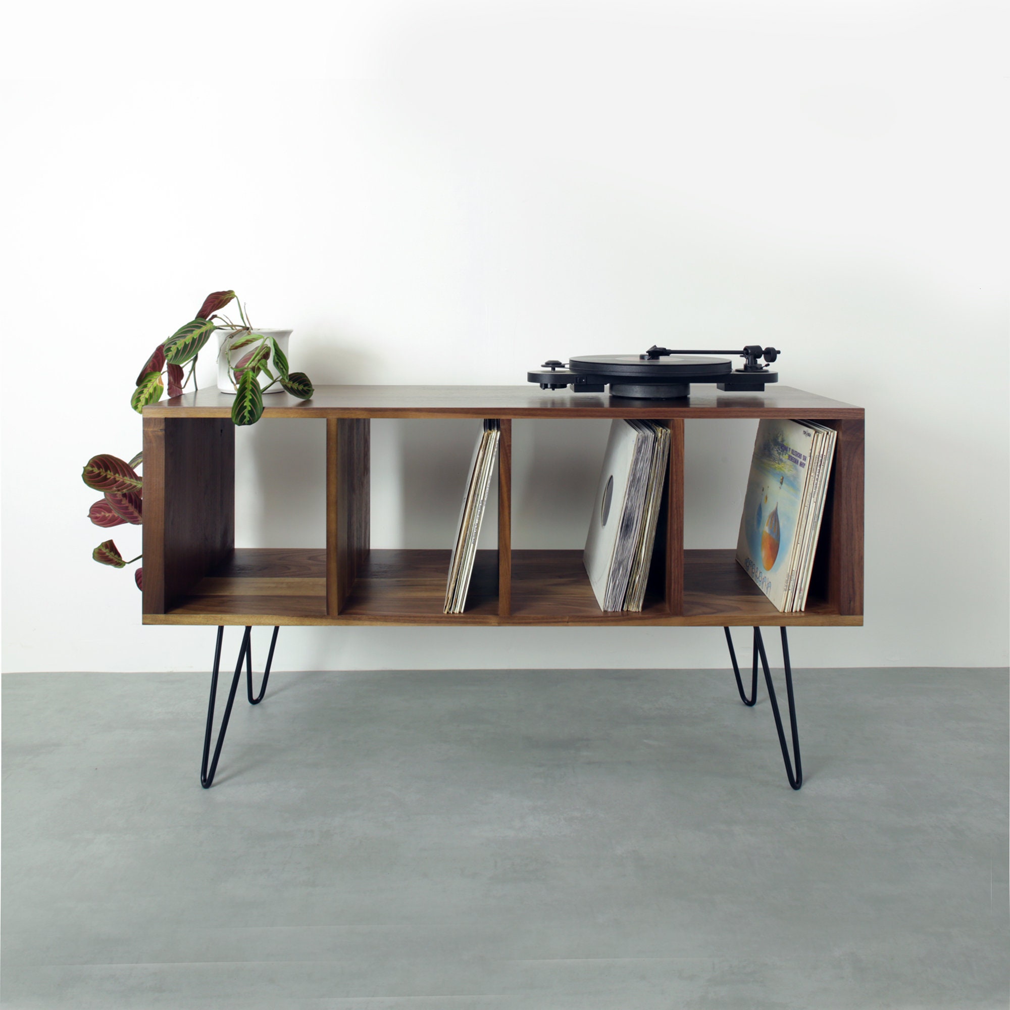 Walnut Vinyl Storage Record Player Stand, Solid Walnut on Mid Century ...