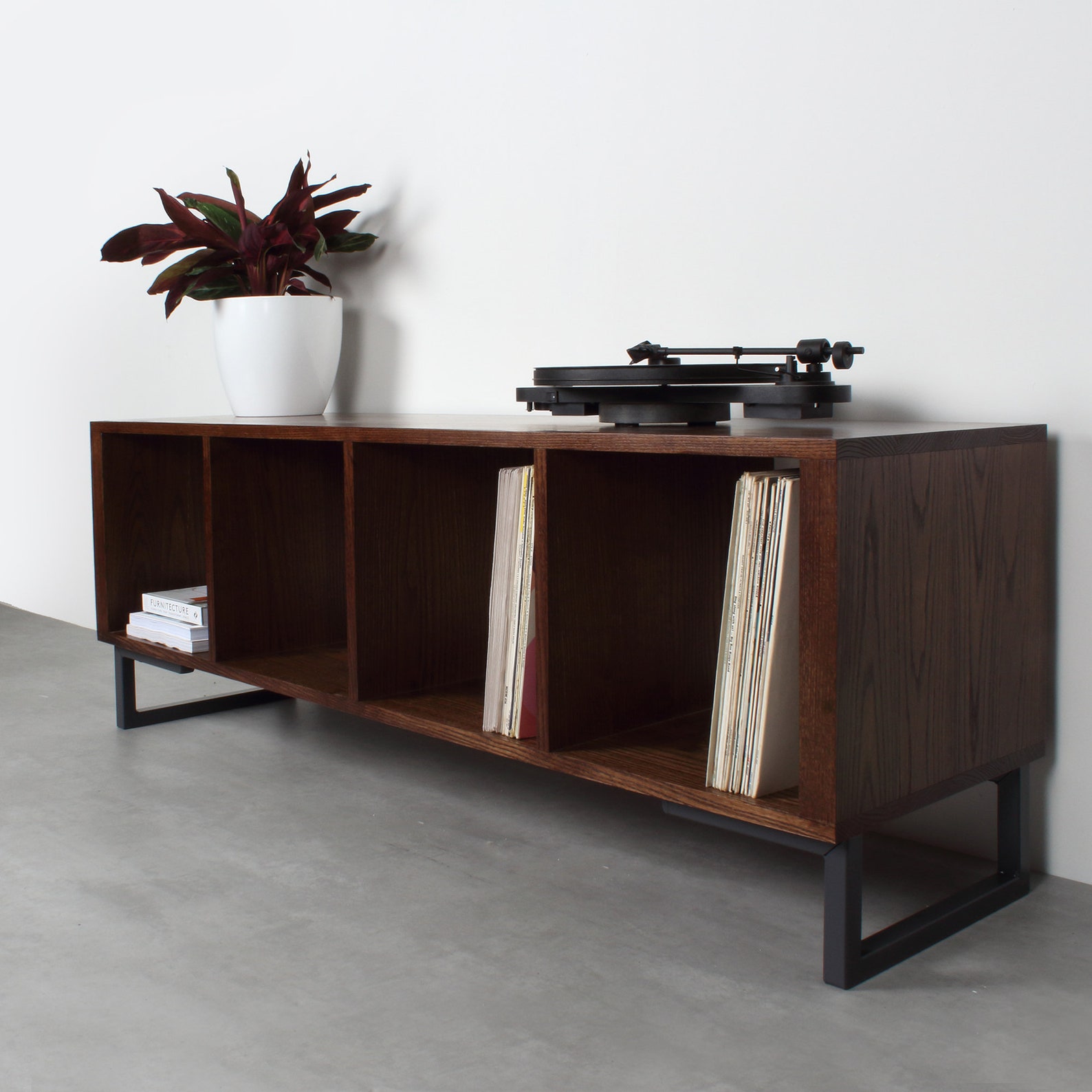 Vinyl Storage Record Player Stand on Minimal Legs, Storage Bench, Large ...