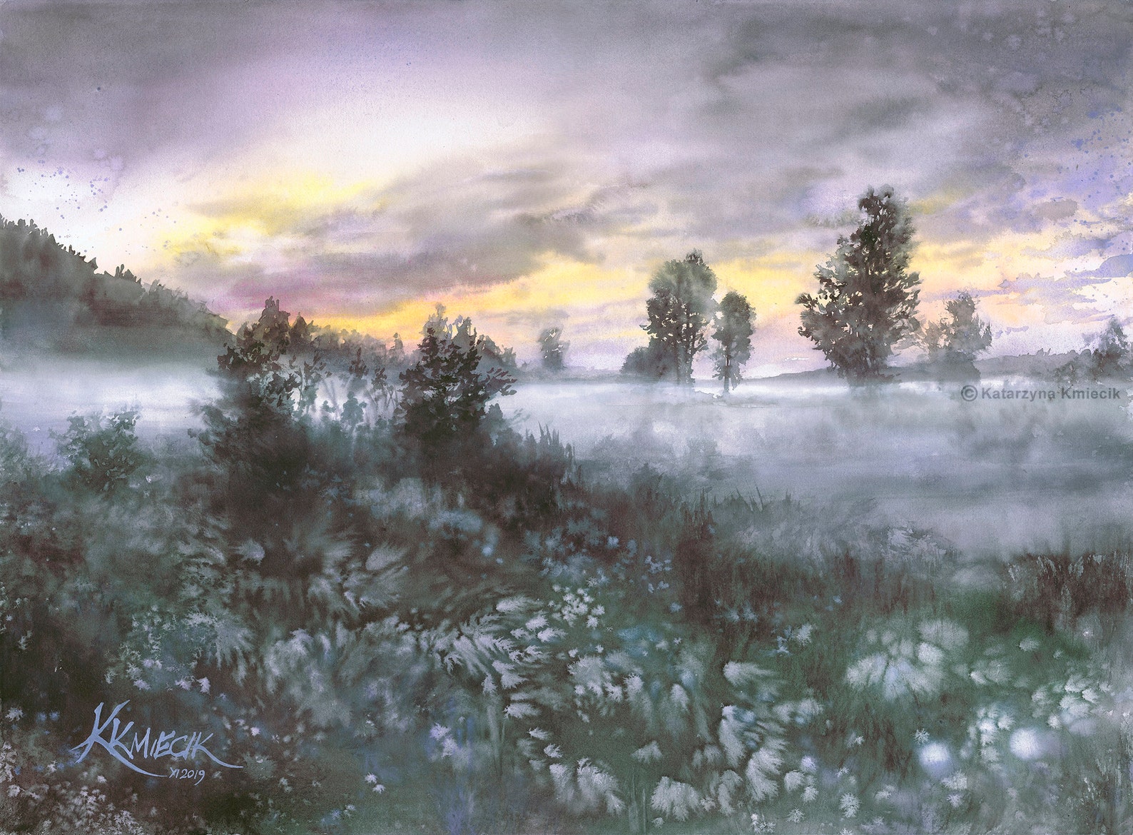 Misty Meadow Watercolor Painting, Aquarelle, Landscape at Dusk, Sunrise ...
