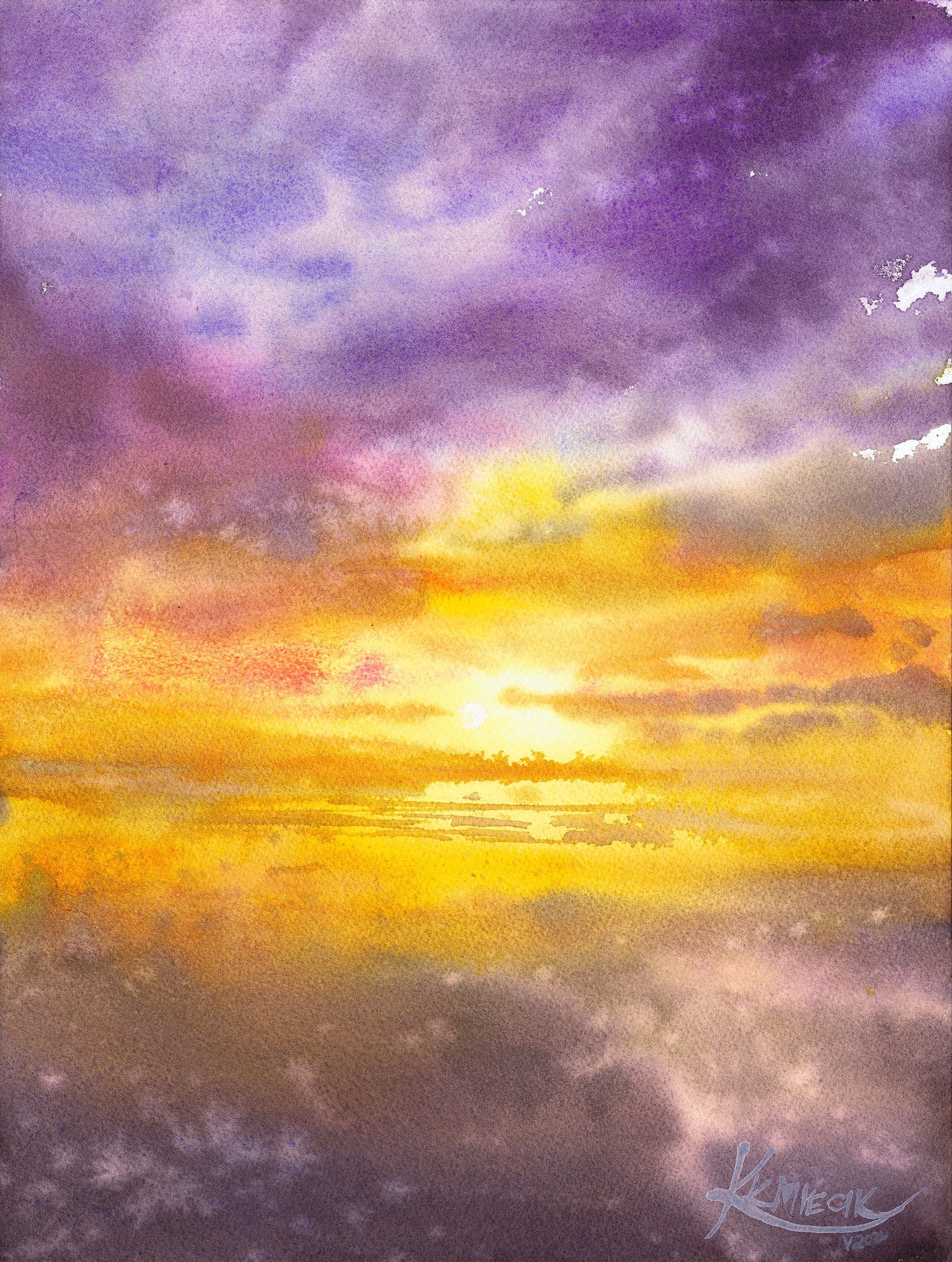 Sea Sunset Original Watercolor, Purple Watercolor Seascape Painting ...