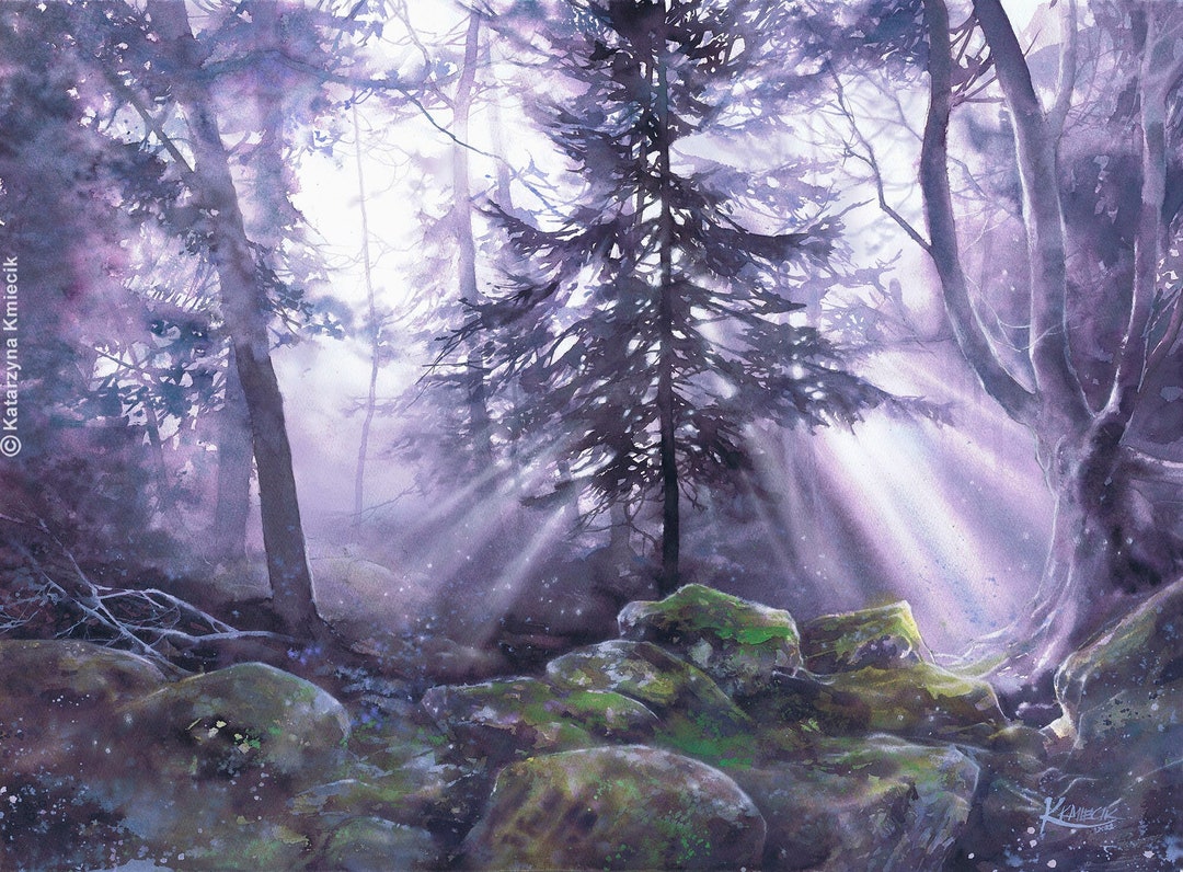 Misty Trees Watercolor Painting, Aquarelle Originale, Original ...