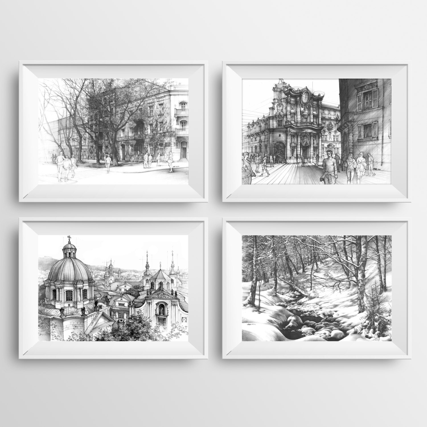 Set of ANY FOUR PRINTS / architecture prints, watercolor sky prints ...