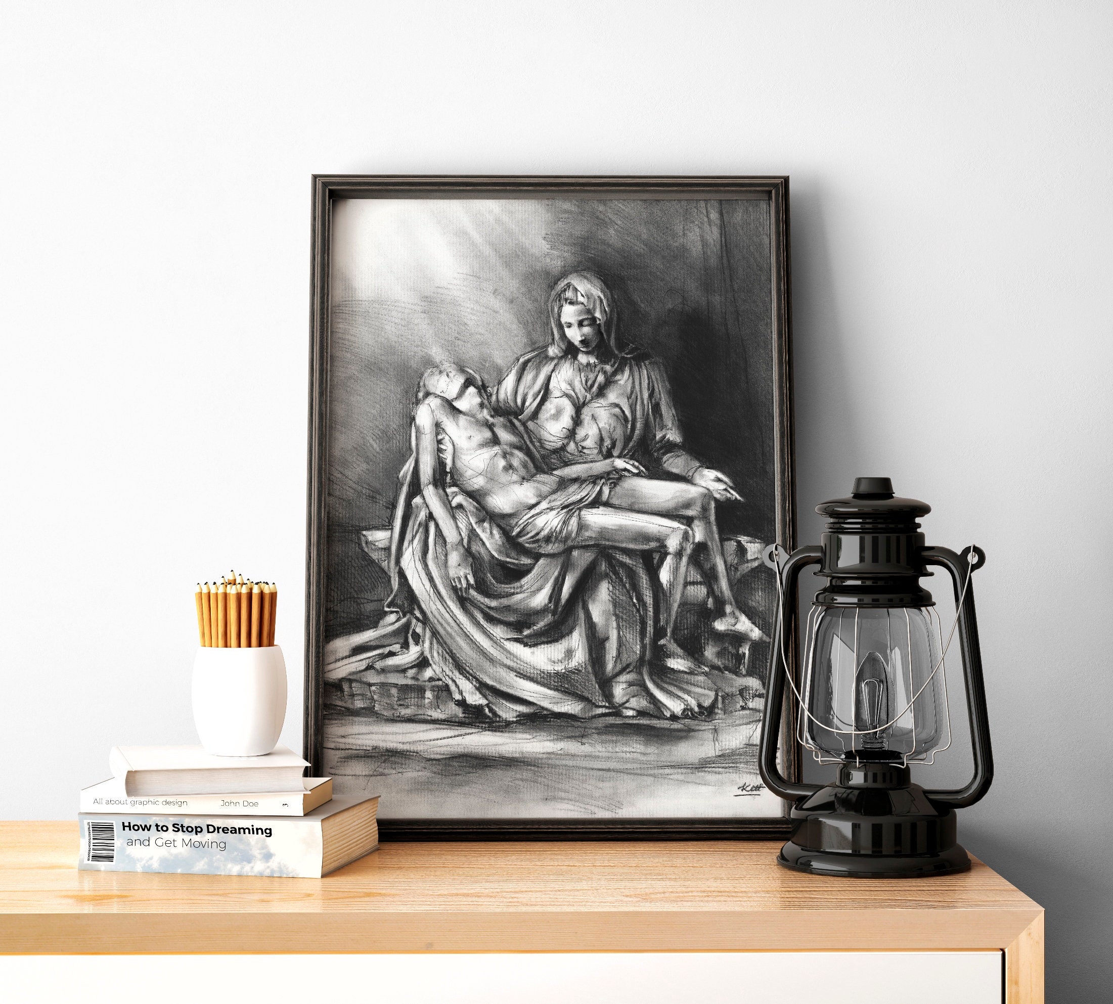 Prints Pieta charcoal drawing print Jesus and Mary drawing figure ...