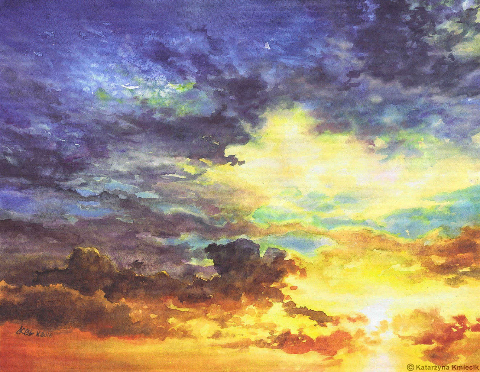 Orange Blue Sunset Sky ART PRINT Watercolor Sunset Art - Etsy