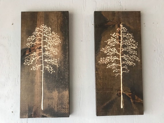 Pair of Aspen Trees Hand Carved on Stained Pine Boards | Etsy