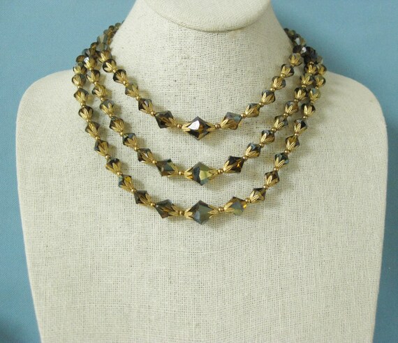 Three Strand Crystal Smoky Topaz Crystal Necklace and… - Gem