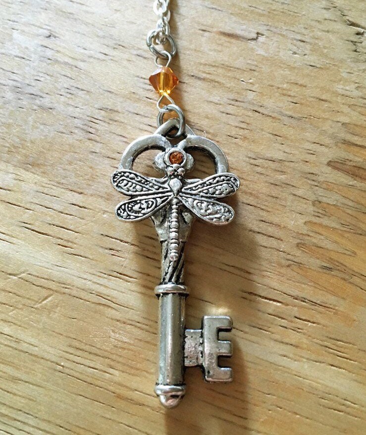 Antique Silver Skeleton Key Victorian Dragonfly in Amber | Etsy