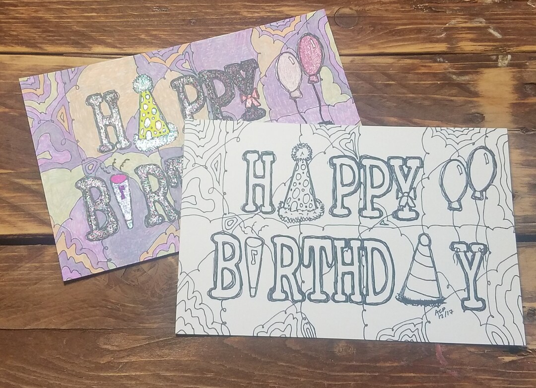 Postcard Color-me Happy Birthday Balloons - Adult Coloring Postcard ...