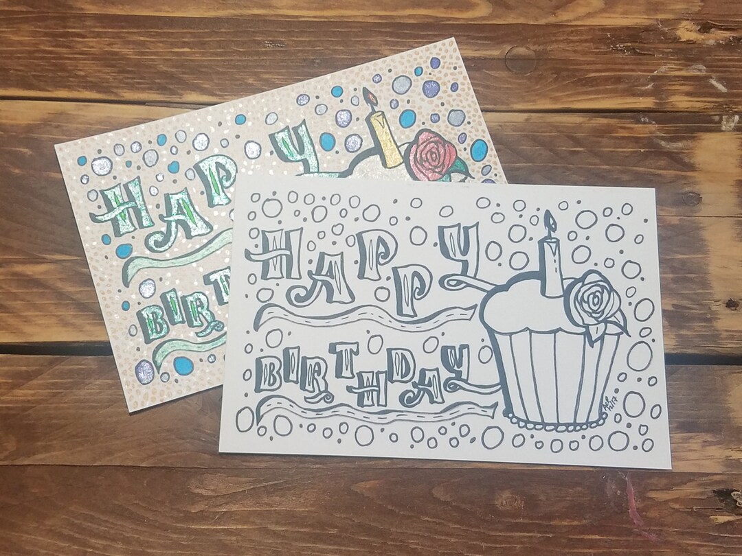 Postcard Color-me Happy Birthday Cupcake - Adult Coloring Postcard ...