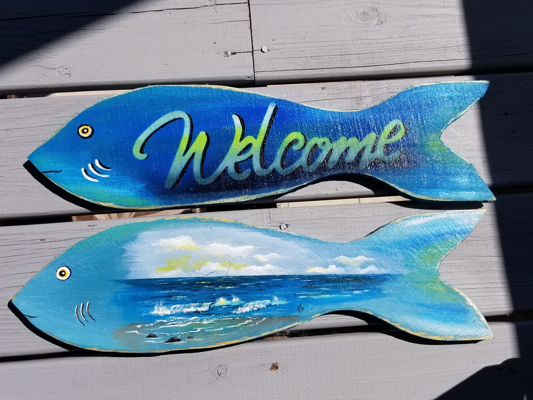 Set of 2 Wooden Fish Wall Art Decor Welcome Sign and Seascape Handmade ...