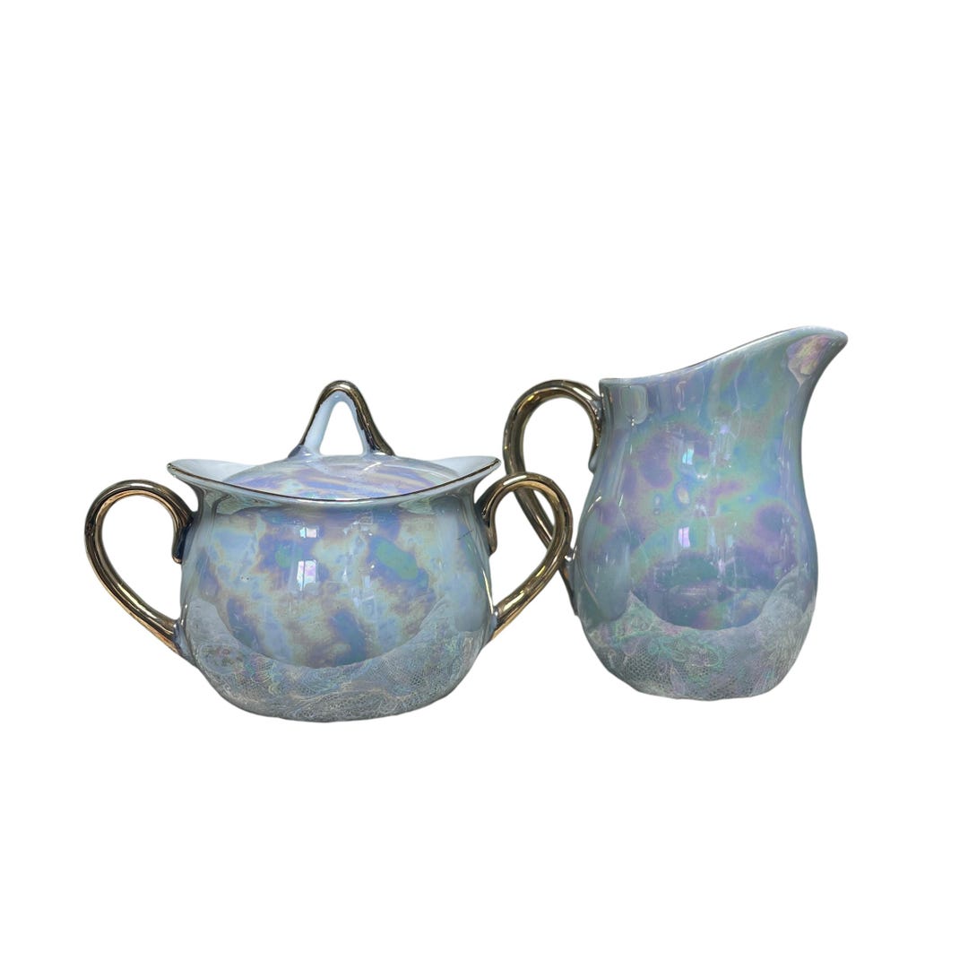 Vintage Cream and Sugar Set Blue and Gold Iridescent Cream and Sugar ...