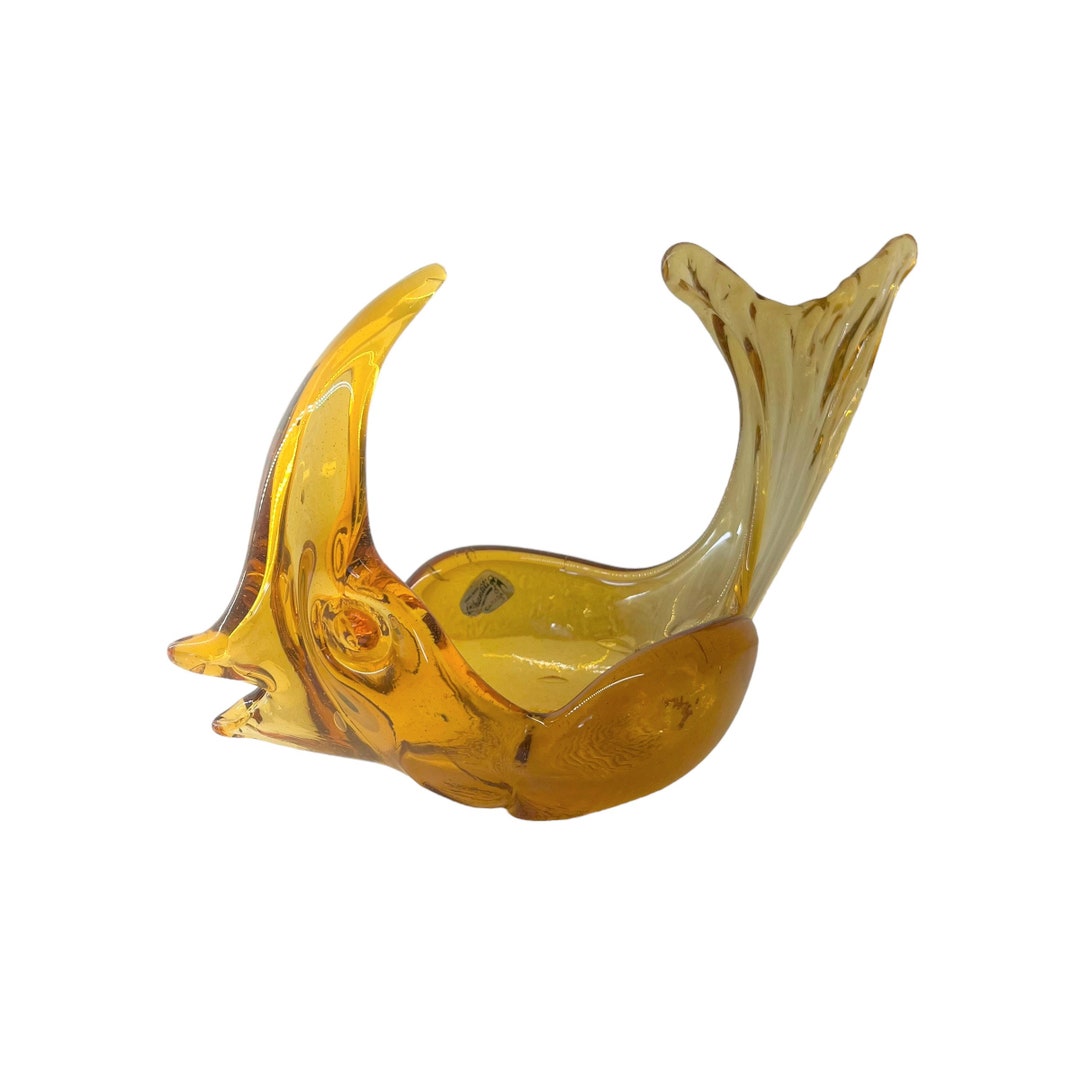 Vintage Fish Amber Art Glass Fish Bowl Gold Chantilli Mouth Blown Fish ...