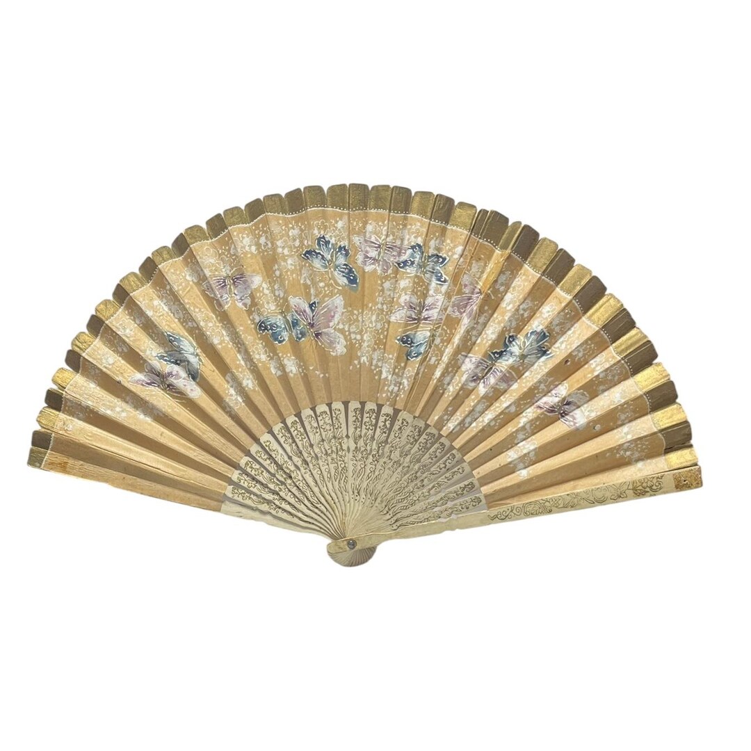 Vintage Fan Hand Painted Butterflies Paper and Light Wooden Hand Held ...