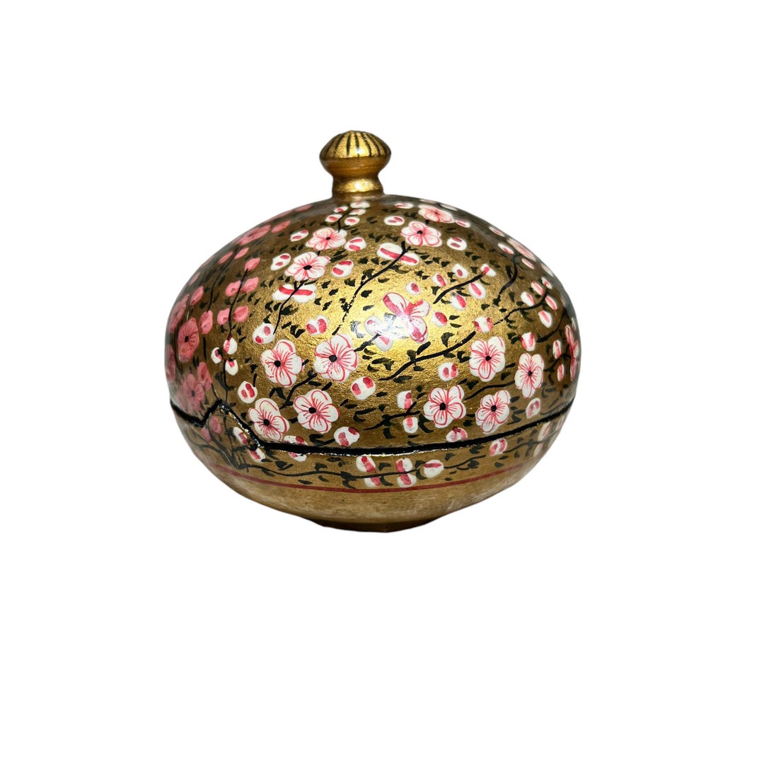 Vintage Lacquer Box Round Hand Painted Indian Gold Lacquer Keepsake Box ...