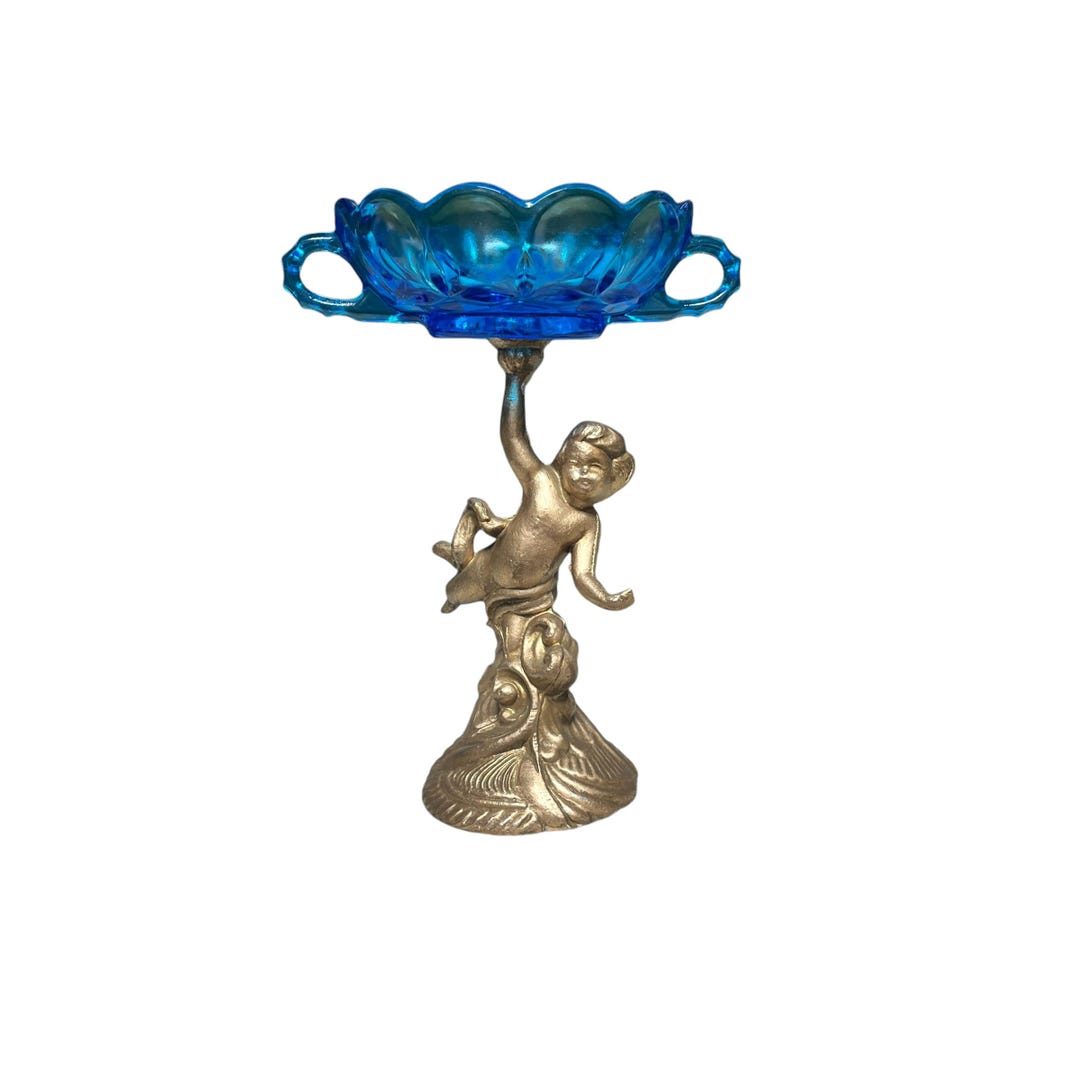Vintage Soap Dish Glass And Metal Pedestal Style Soapdish Cherub Bathroom Pedestal Blue Glass