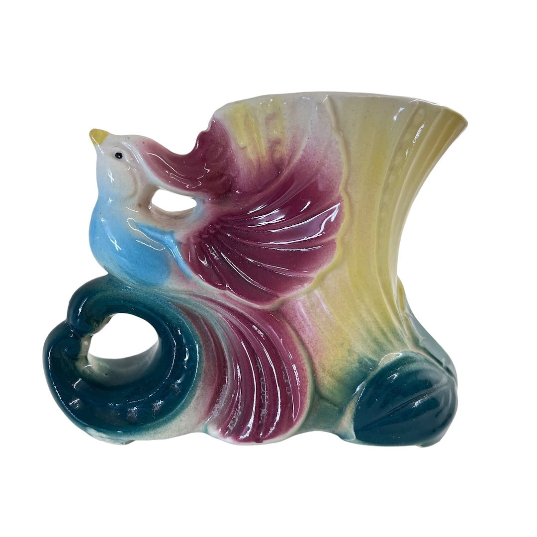 Vintage MCM Florart Japan Hand Painted Crested Bird Ceramic Planter ...