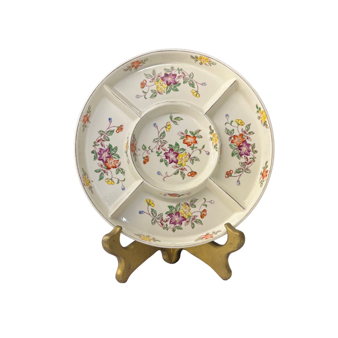 Vintage Floral Sectioned Serving Platter Hand Painted Vegetable or ...