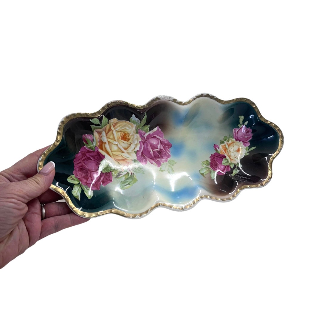 Vintage Rose Bowl Oblong Rose Bowl Hand Painted Roses Carlsbad China ...