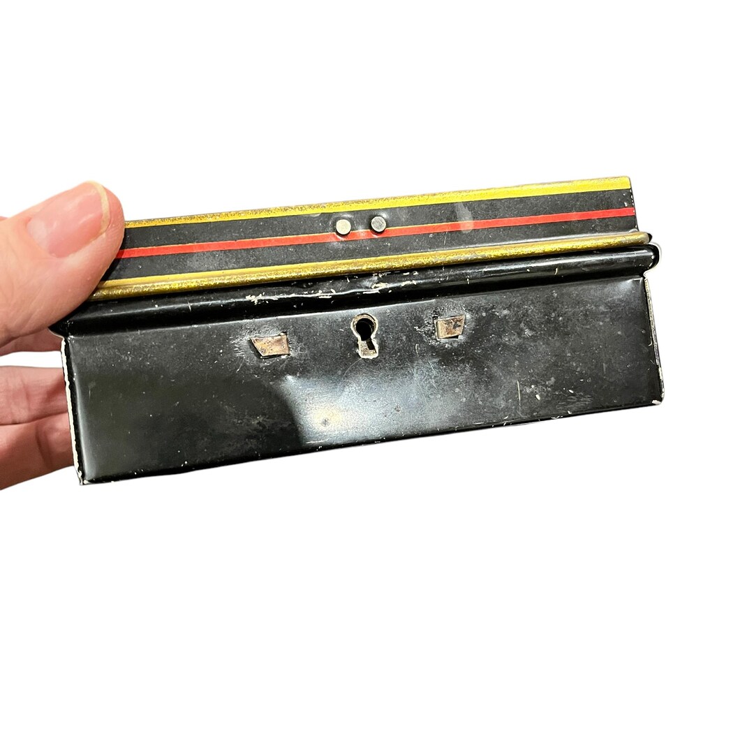 Vintage Lock Box Metal Money Box Bank Black & Gold Tin Box Metal Bank ...