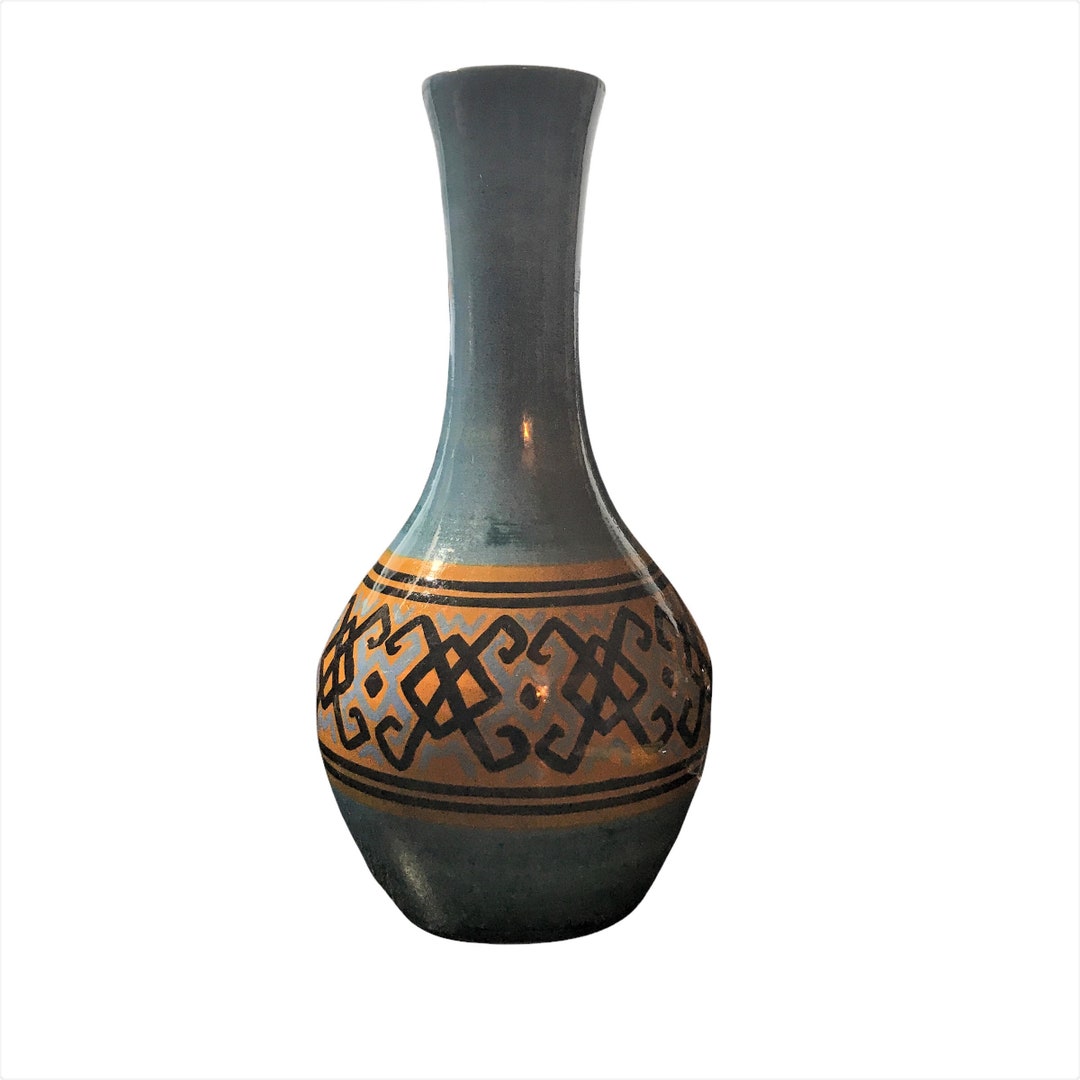 Vintage Pottery Vase Made in Kenya Colorful Blue Gold and Black Vase ...