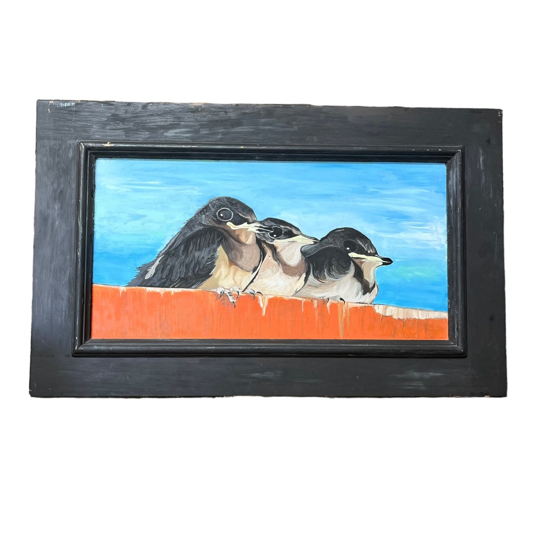 Original Art Large Bird Painting Three Springtime Birds Vintage ...