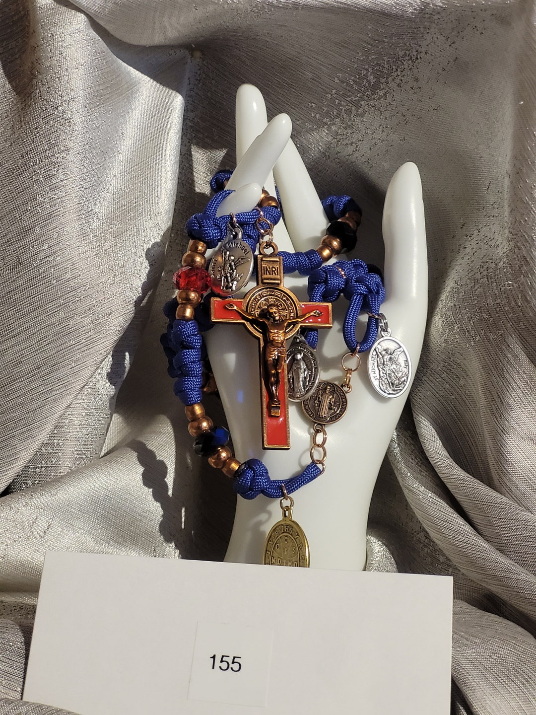 B155 St Michael Military Royal Blue II 550# Paracord Rosary With Red ...
