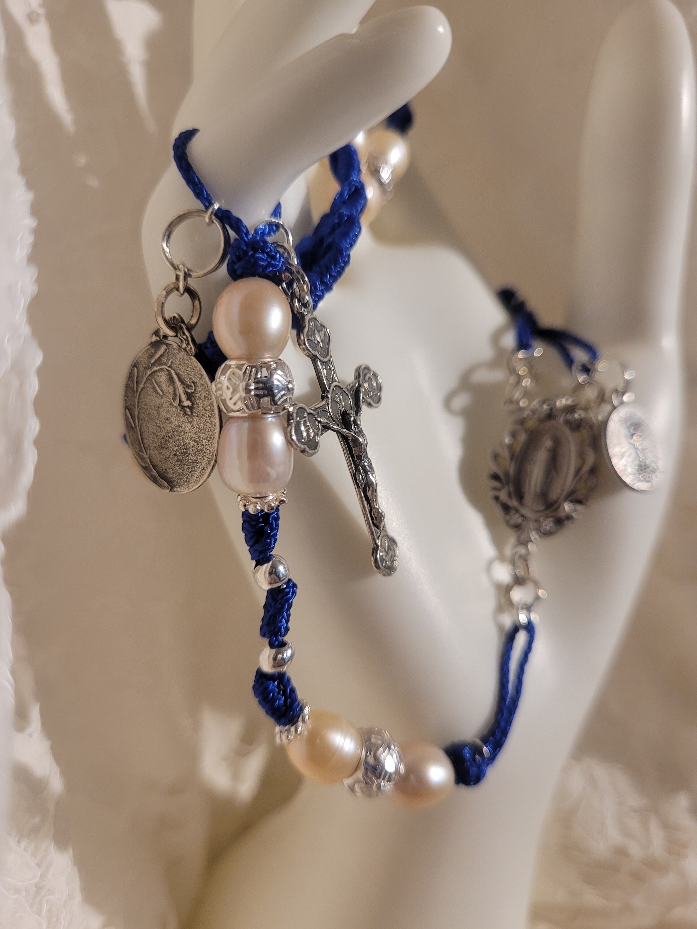 G5 Miniature Electric Blue Micro Paracord Rosary With Sterling Silver ...