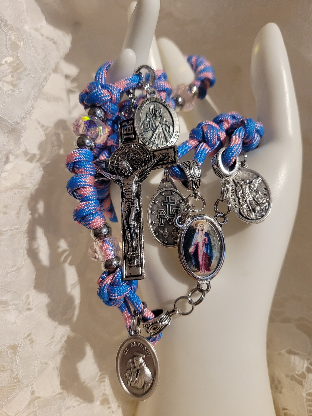 B162 "baby Shower" Paracord Rosary With Stainless Steel and Pink AB ...