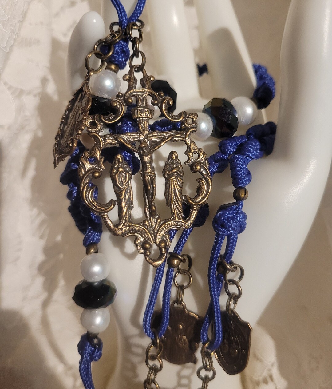Royal Blue Paracord Rosary: Bronze ORNATE Crucifix, Bronze Two Roses ...