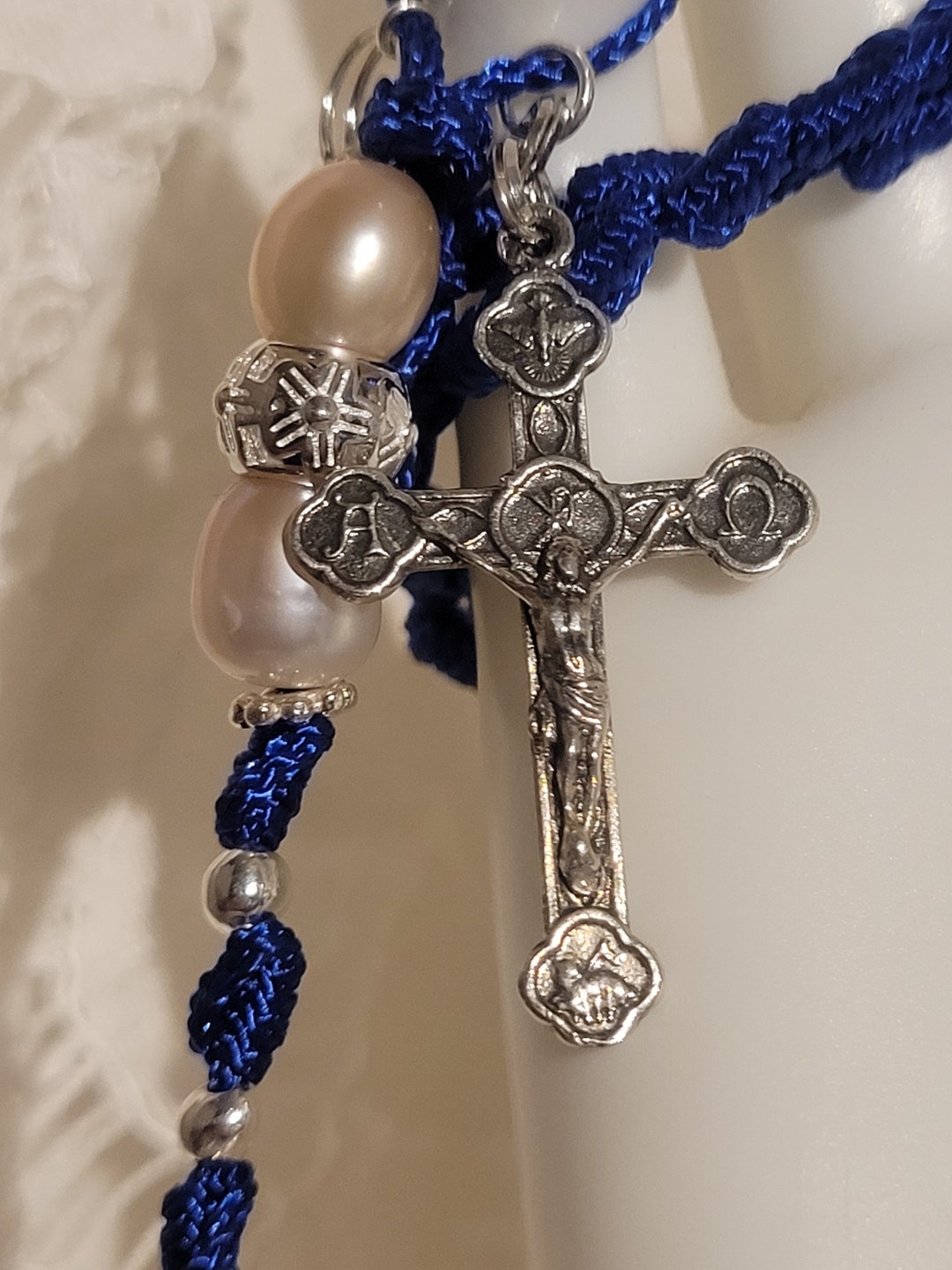 G5 Miniature Electric Blue Micro Paracord Rosary With Sterling Silver ...