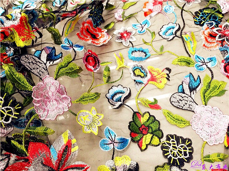 Flower Lace Fabric Colorful Florals Embroidered On Black White | Etsy