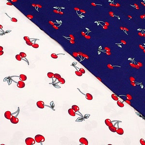 Cherry Cotton Fabric Shabby Chic Red Cherries on Navy Blue White Pure ...