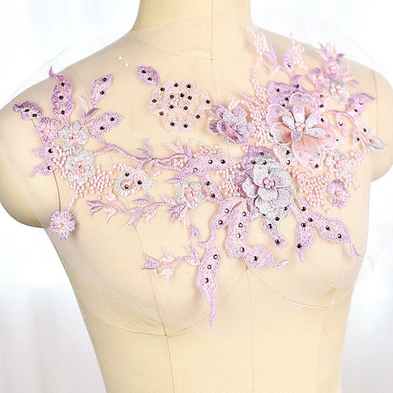 Purple Applique Rhinestone Pearl Beaded Lace Applique Flower - Etsy