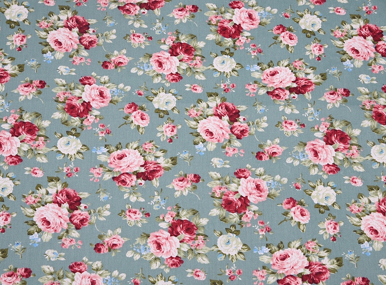 Rose Floral Cotton Fabric, Shabby Chic Rose Cotton Flower Cotton Fabric ...
