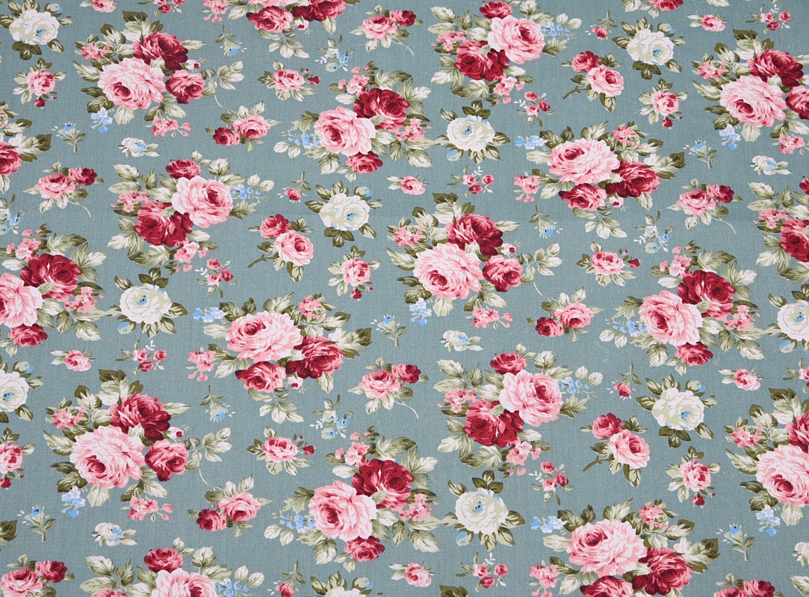 Floral Cotton Fabric, Shabby Chic Rose Cotton Flower Cotton Fabric for ...