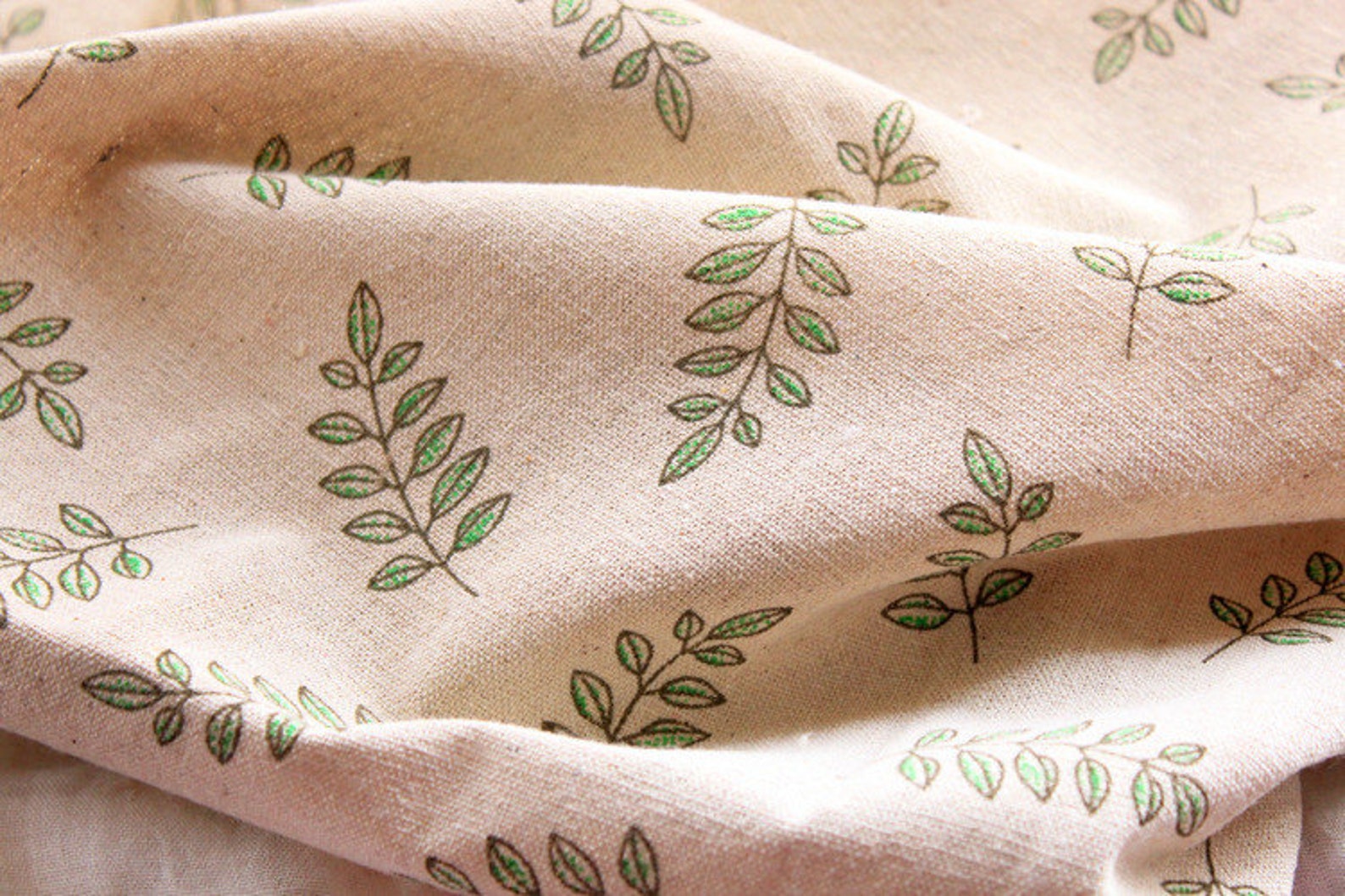 Green Olive Branch Fabric Beige Cotton Linen Fabric Shabby | Etsy