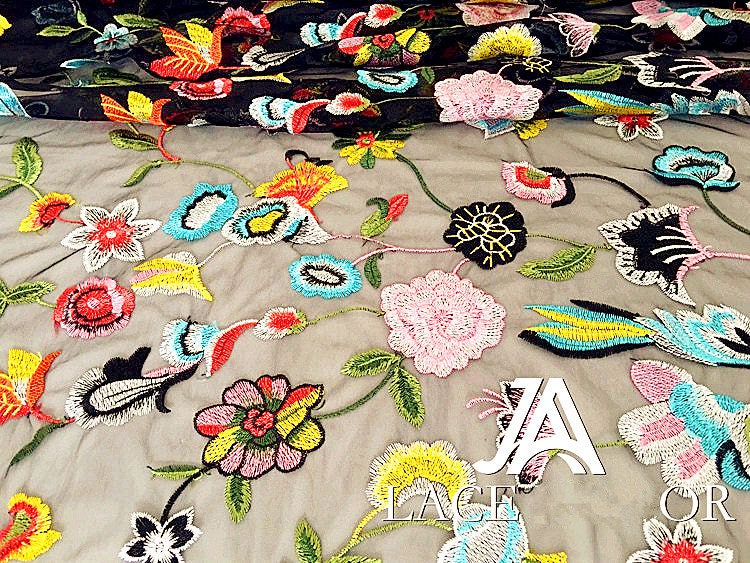 Flower Lace Fabric Colorful Florals Embroidered On Black White | Etsy